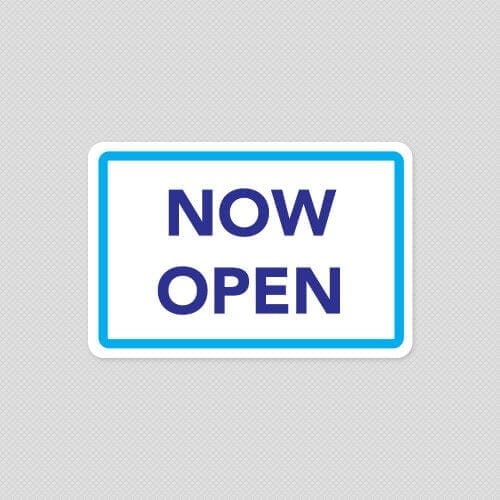 Blue and White Square Now Open Sign Wall Decal | Sticker Genius