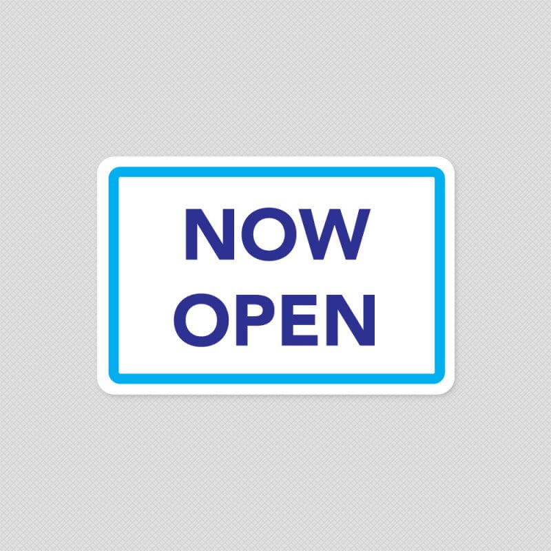 Blue and White Square Now Open Sign Wall Decal | Sticker Genius